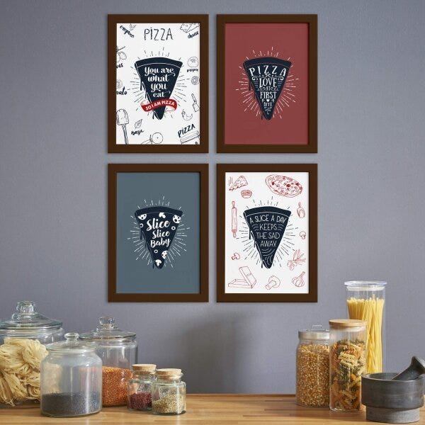 Quadros Frases Pizza Moldura Marrom 22x32cm 4un | MadeiraMadeira