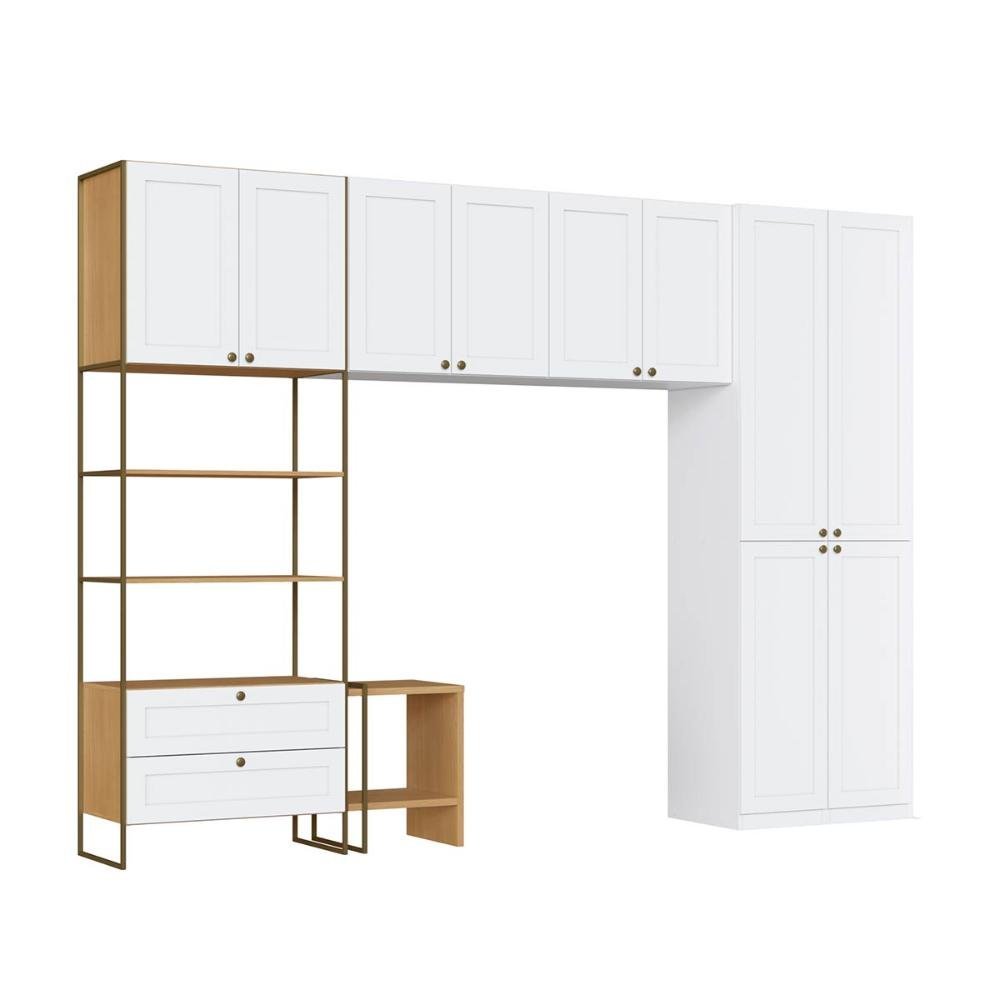 Kit Quarto MDF Com Guarda Roupa Estante e Armários Suspensos Cor:Savana ...