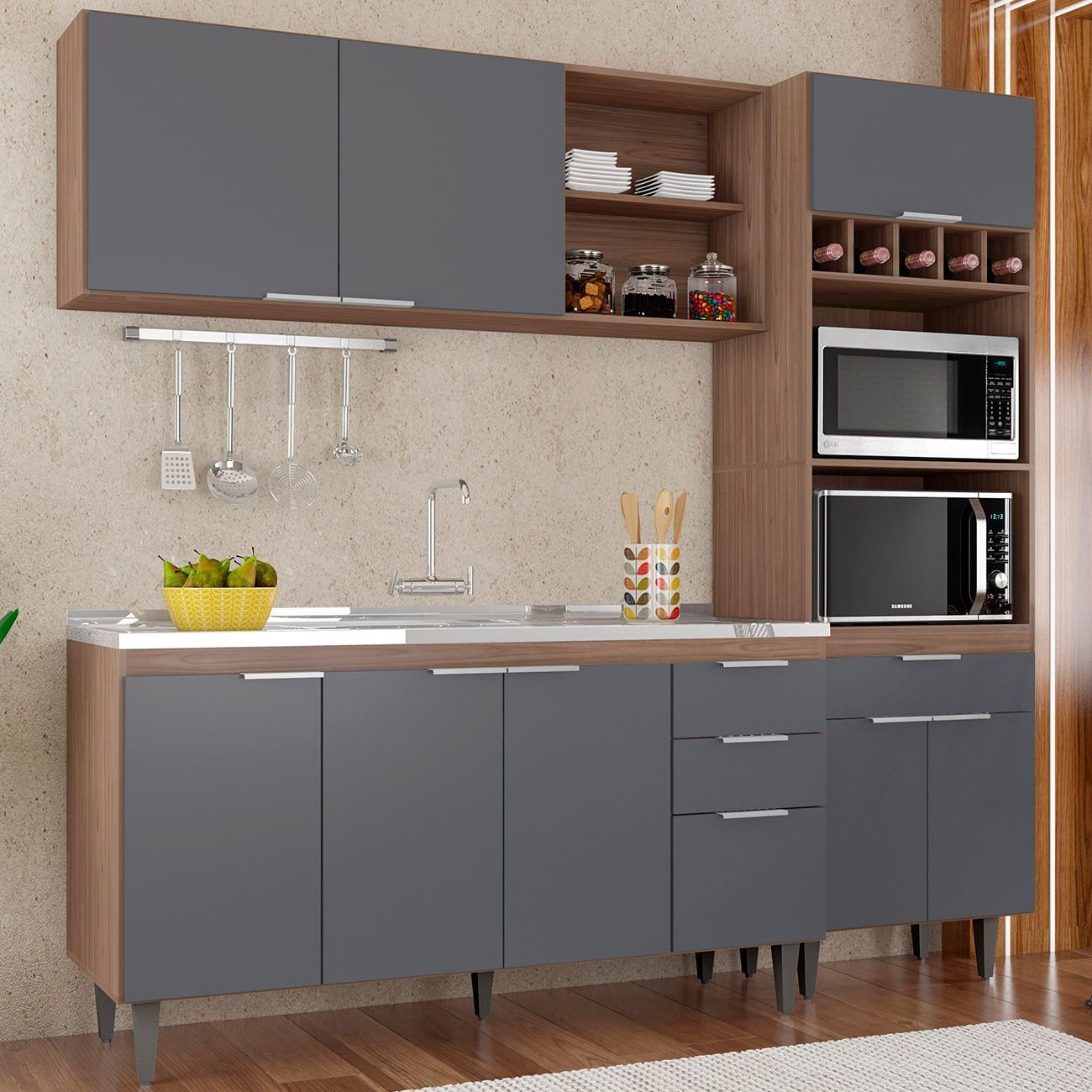 Armário de Cozinha Cp02 com Pia 150cm Pérola Z34 Freijó/grafite - Mpozenato | MadeiraMadeira