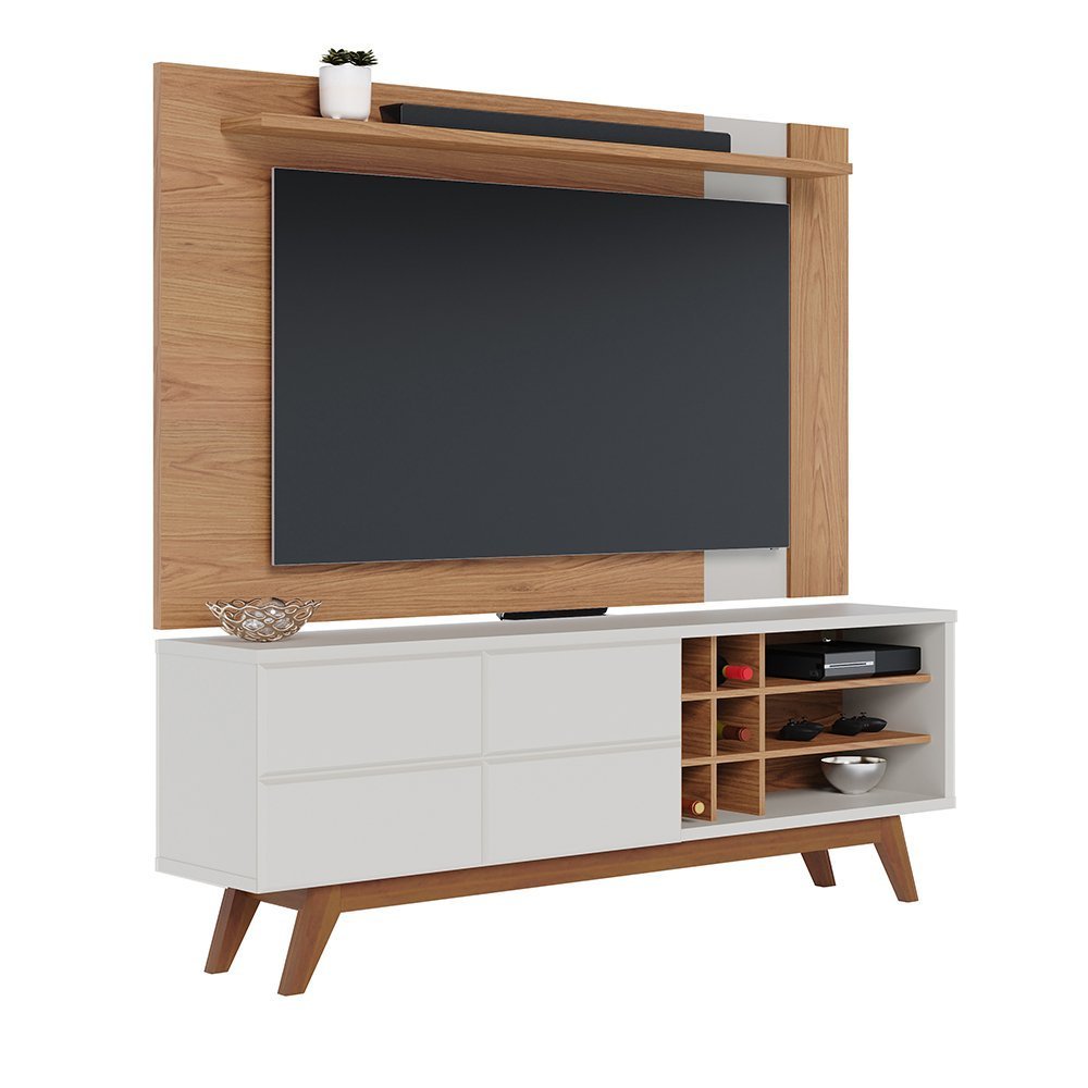 Conjunto Painel de Tv Brusque até 70 Polegadas + Bancada Canela c/ Nichos Garrafeiros Freijó ...