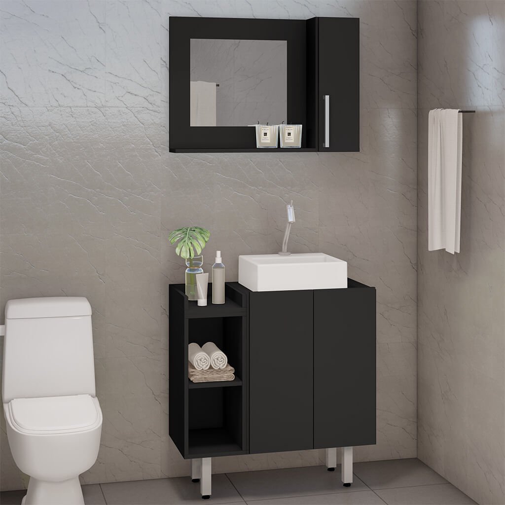 Conjunto Banheiro 3 Portas 2 Nichos com Espelho Preto | MadeiraMadeira