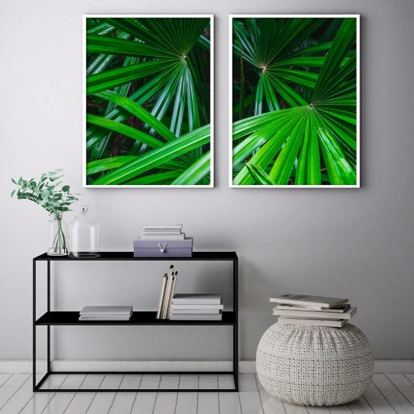Conjunto Kit 2 Quadros Planta Palmeira Ráfia Rhapis Folhas Verde Moldura Branca - Oppen House ...
