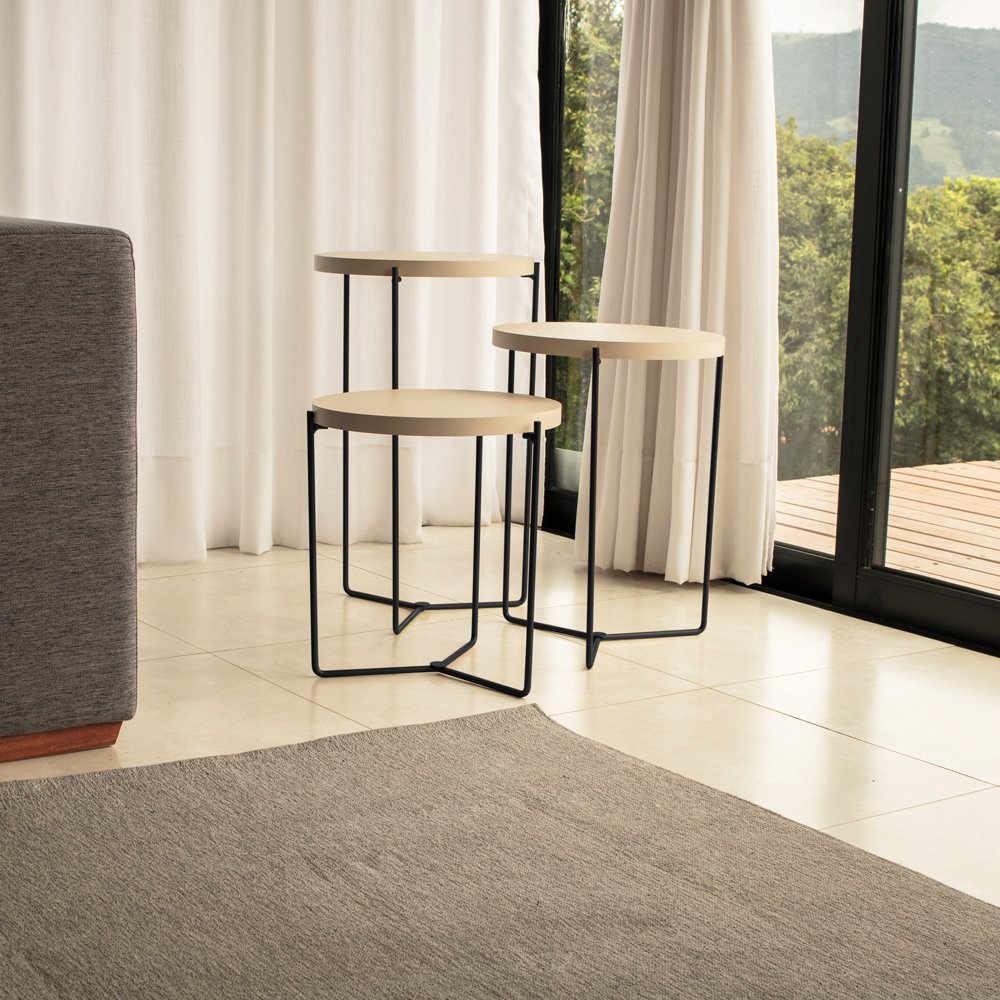 Conjunto 3 Mesas Laterais em Ferro Preto e Tampo em MDF Beige Matt ...