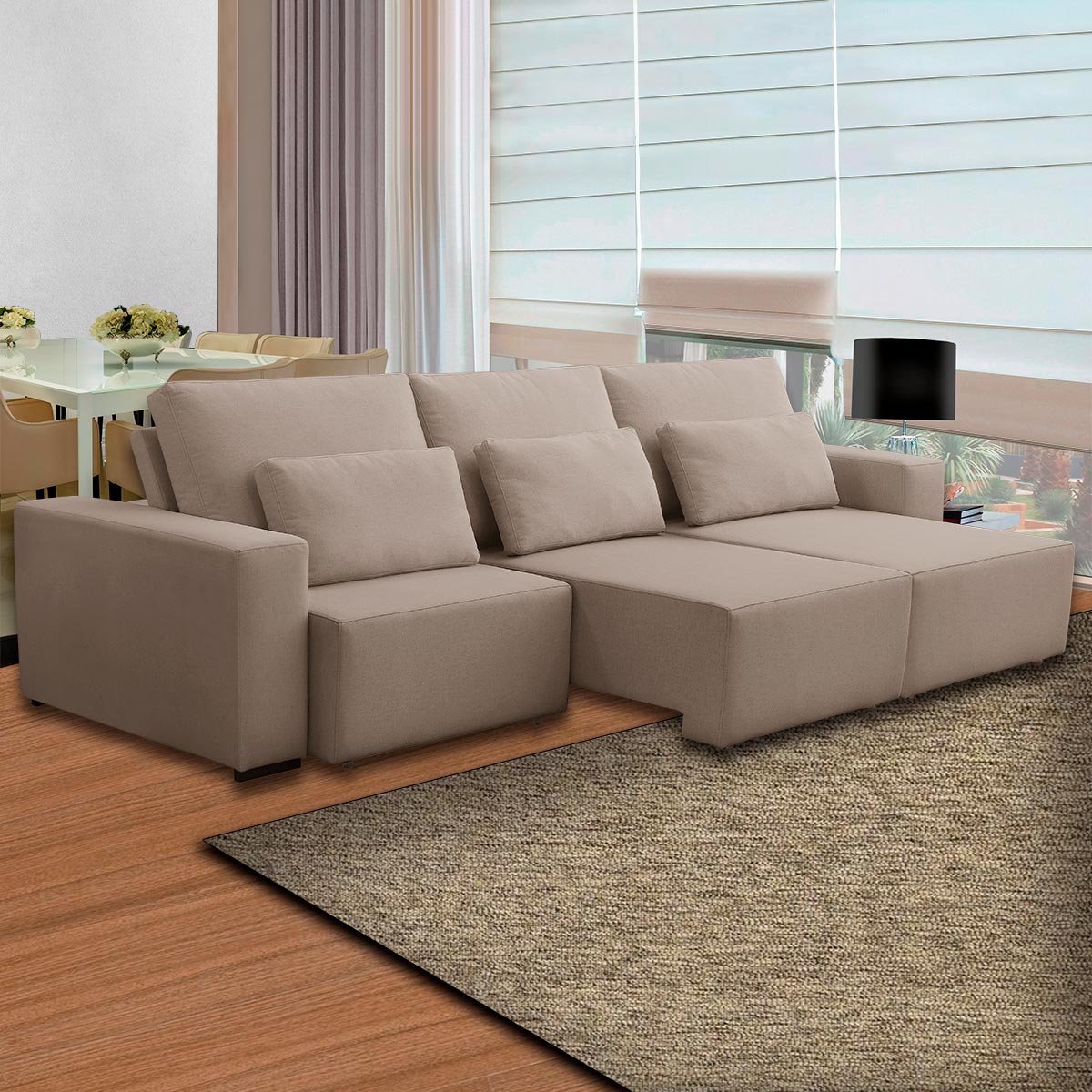 Sofá 8 Lugares Retrátil Reclinável 4,10m Mola Bonnel Capri Linho Bege Areia - Grandellar ...