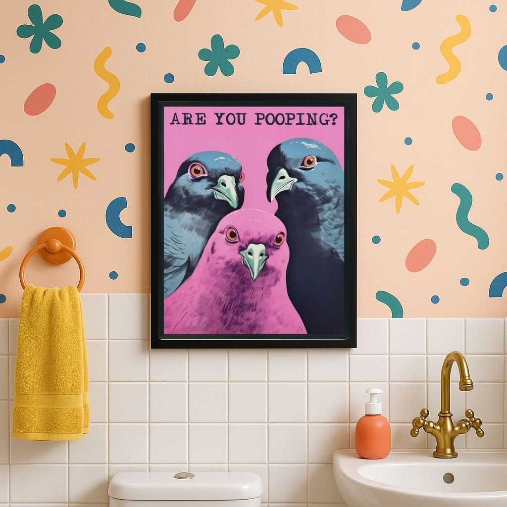 Quadro Divertido para Banheiro Pombos Pooping 24x18cm:moldura Branca ...