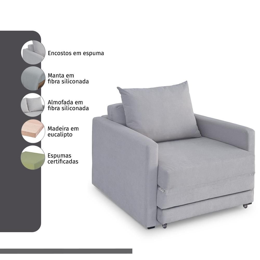 Poltrona Sofá Cama Solteiro 85cm Trento Cinza Estofama | MadeiraMadeira