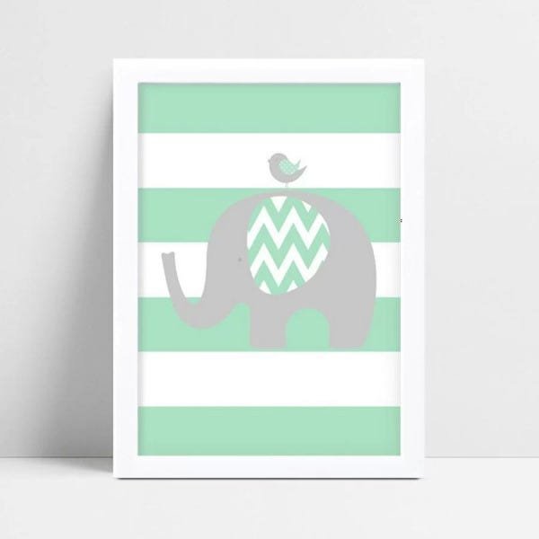 placa poster infantil elefante cinza listras verde | MadeiraMadeira