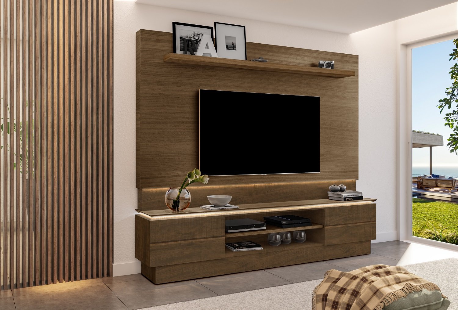 rack com painel grande com led mdf alto padrão Amendoa | MadeiraMadeira