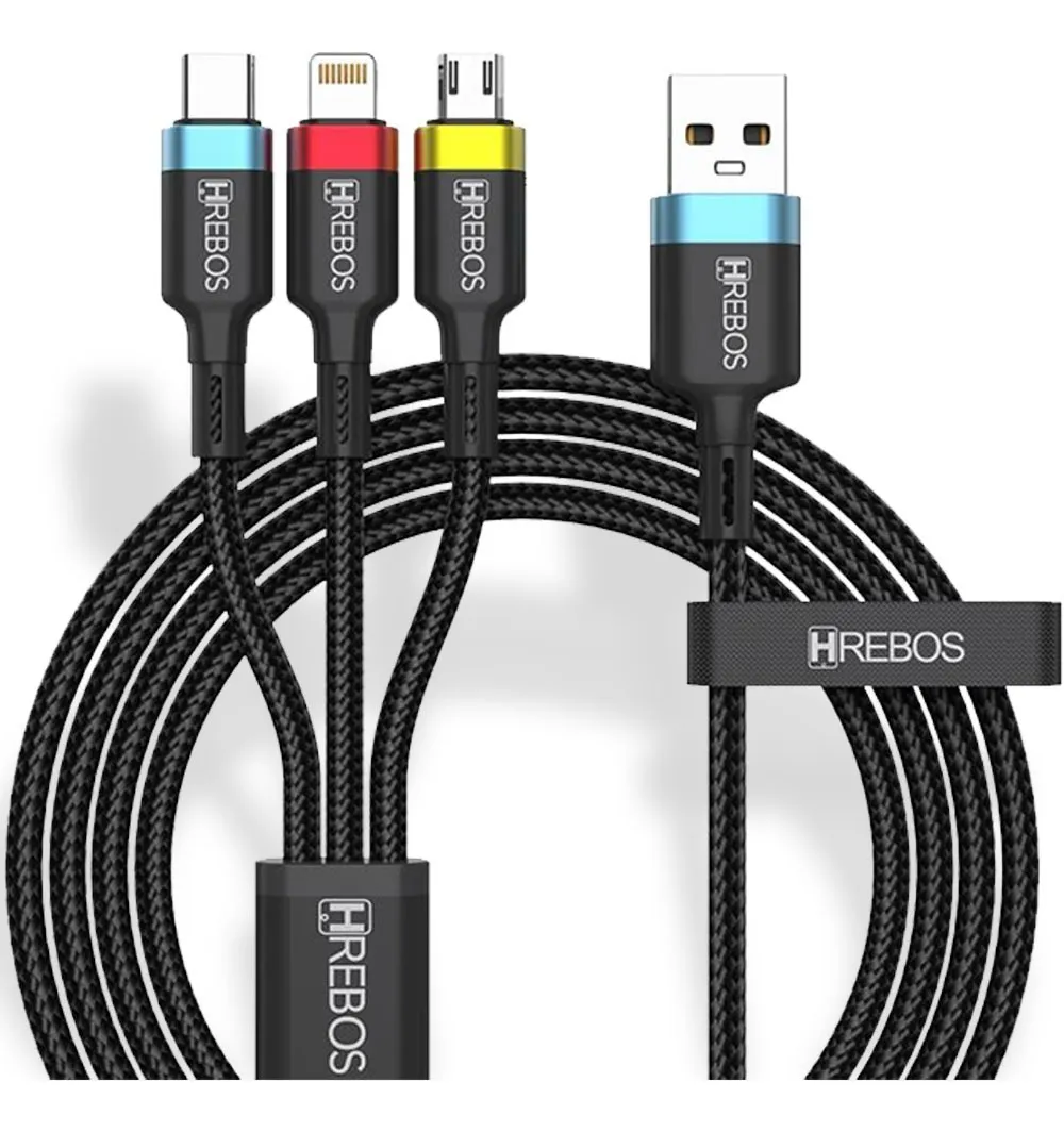 Cabo Carregador Universal 3 em 1 Turbo Hrebos Lightning Tipo-c Micro Usb V8 | MadeiraMadeira