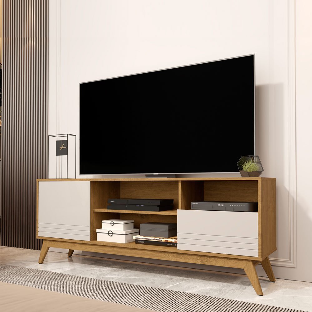 Rack Bancada 1,60m 2 Portas para TVs Até 55 Polegadas - Kairo Wood - Cumaru/Off White Giga ...