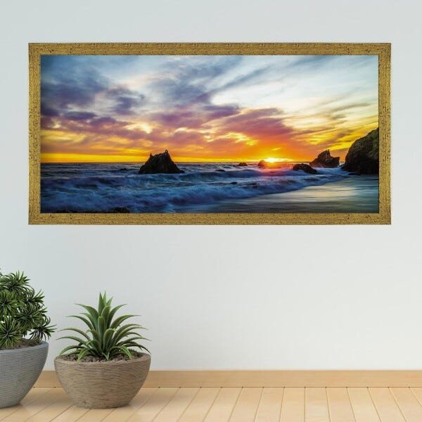 Tela com Moldura Slim Nascer do Sol na Praia 60x130cm Dourado ...