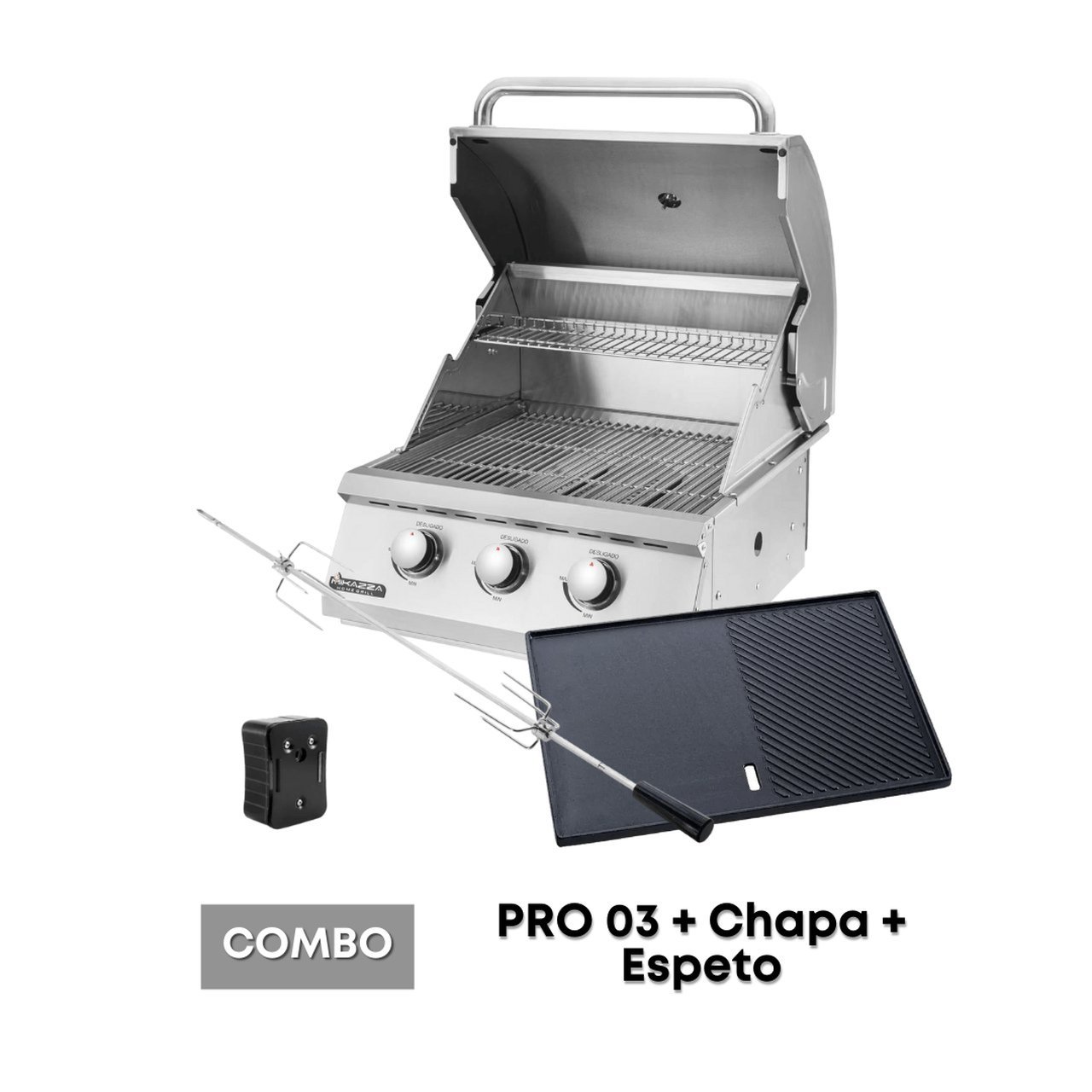 Combo Churrasqueira à Gás Mikazza G2 Pro 3 + chapa + Espeto Gás Botijão | MadeiraMadeira