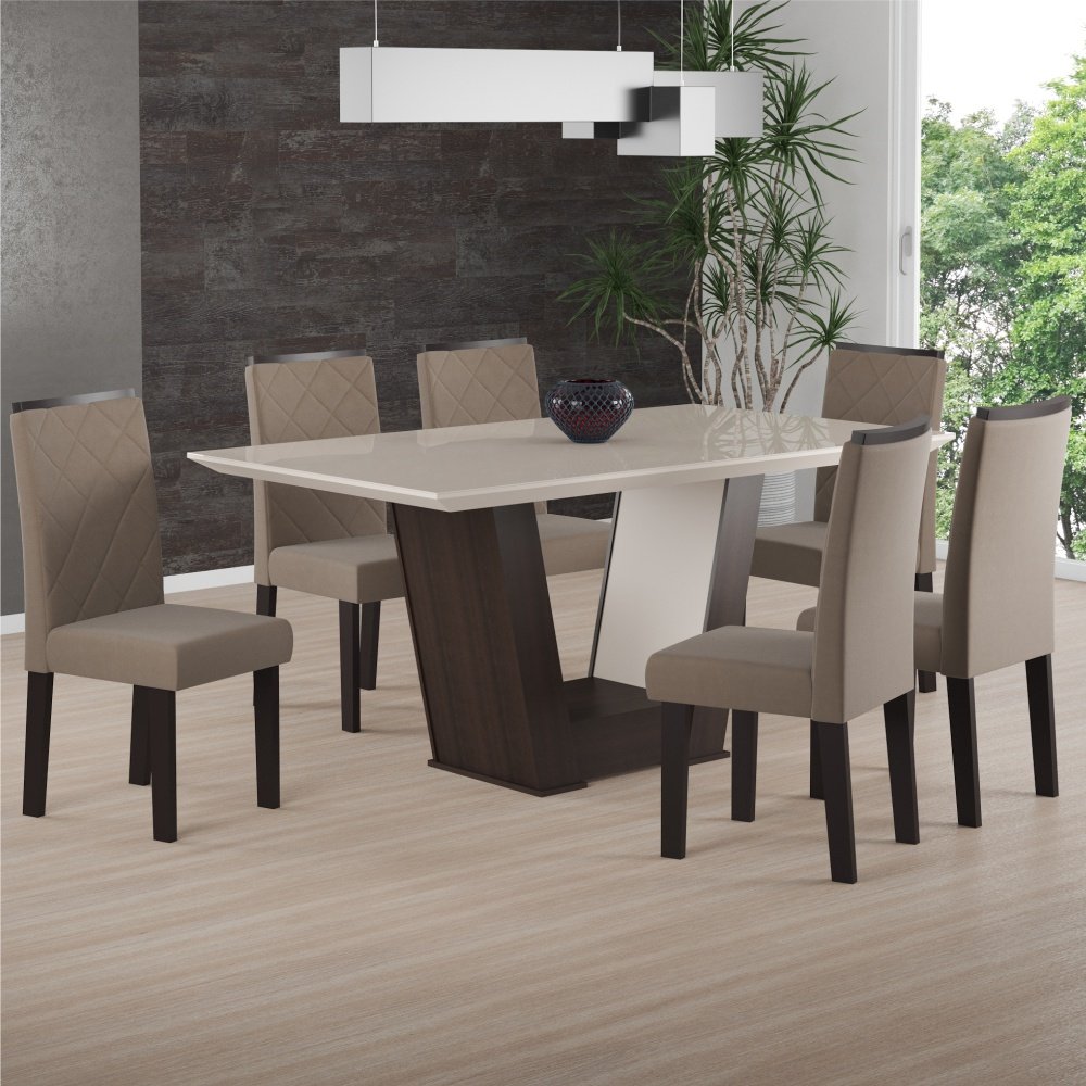 Conjunto Sala de Jantar Viero Vision com vidro 6 cadeiras Isa estofadas ...