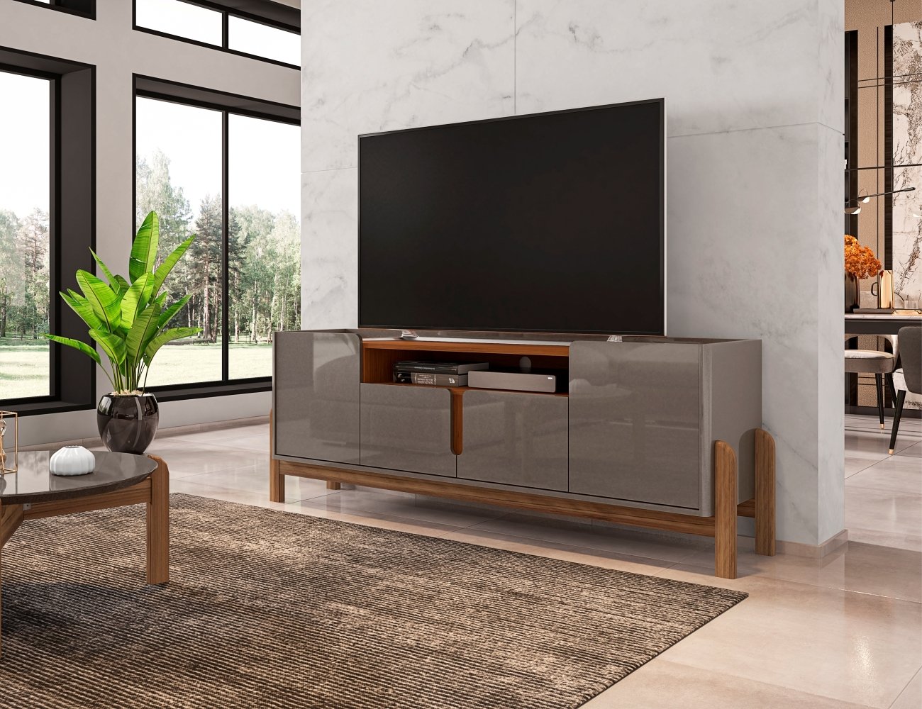 Rack para TV Sue Cinza Pérola e Cedro 4 Portas | MadeiraMadeira