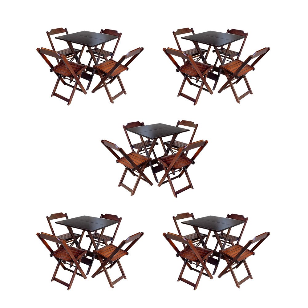 Kit 5 Conjuntos de Mesa Dobravel com 4 Cadeiras de Madeira 70x70 para Restaurante e Bar - Imbuia ...