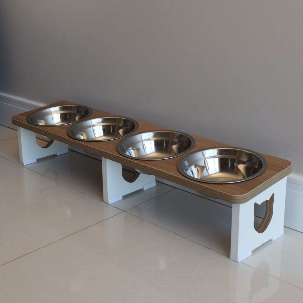 Comedouro Elevado Quadruplo Linear Gato Pet Mdf - Inox | MadeiraMadeira