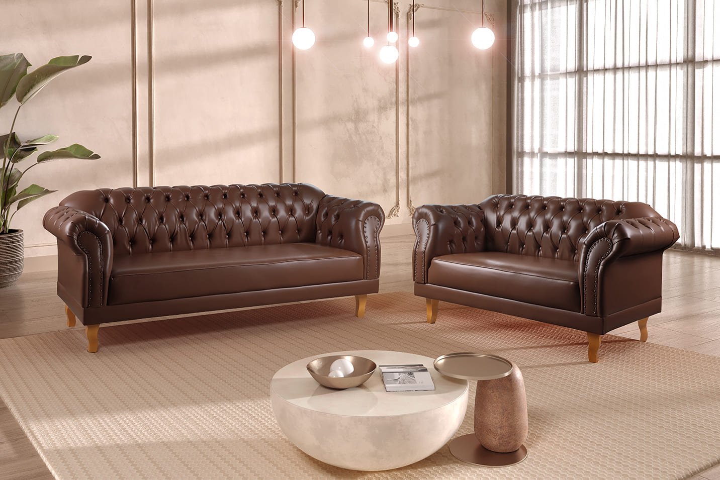 Sofá Chesterfield 3 Lugares e 2 Lugares:couro Ecológico Marrom 301 | MadeiraMadeira