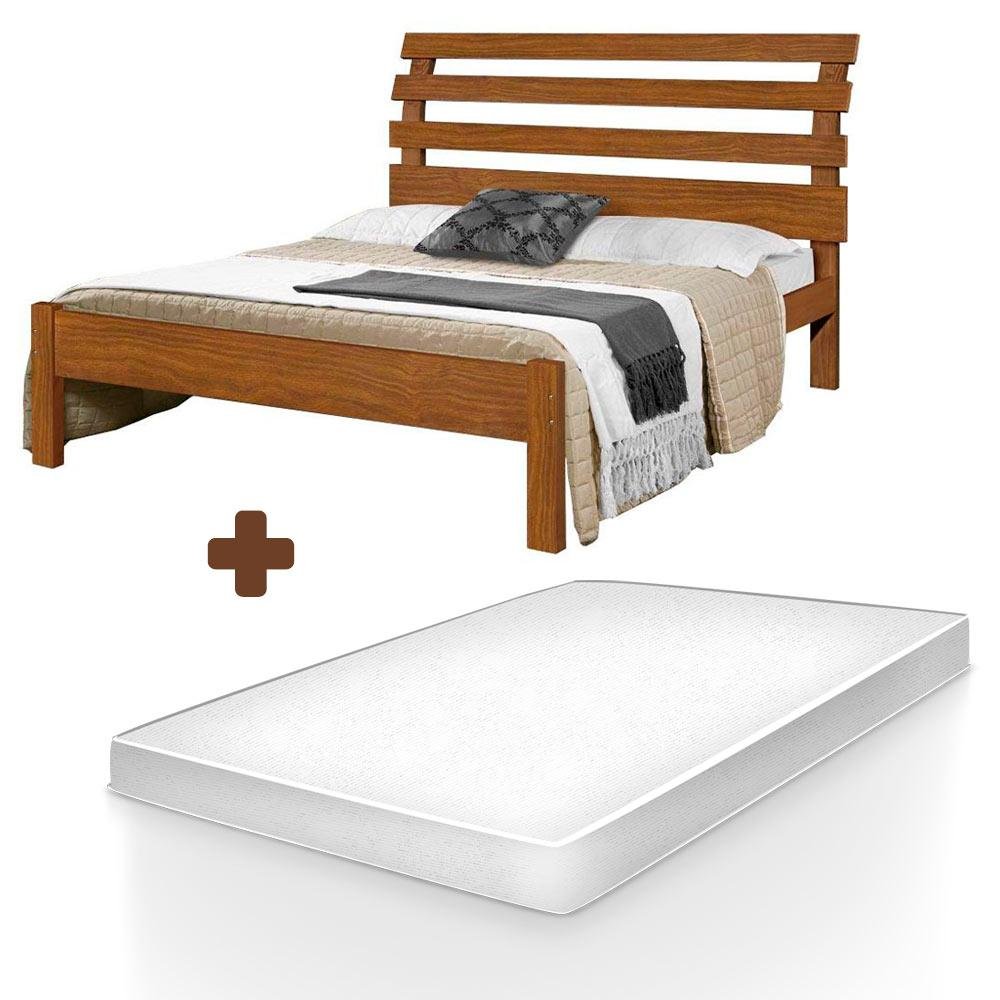 Cama Casal De Madeira Maciça Rebeca Atraente Castanho Com Colchão Casal ...