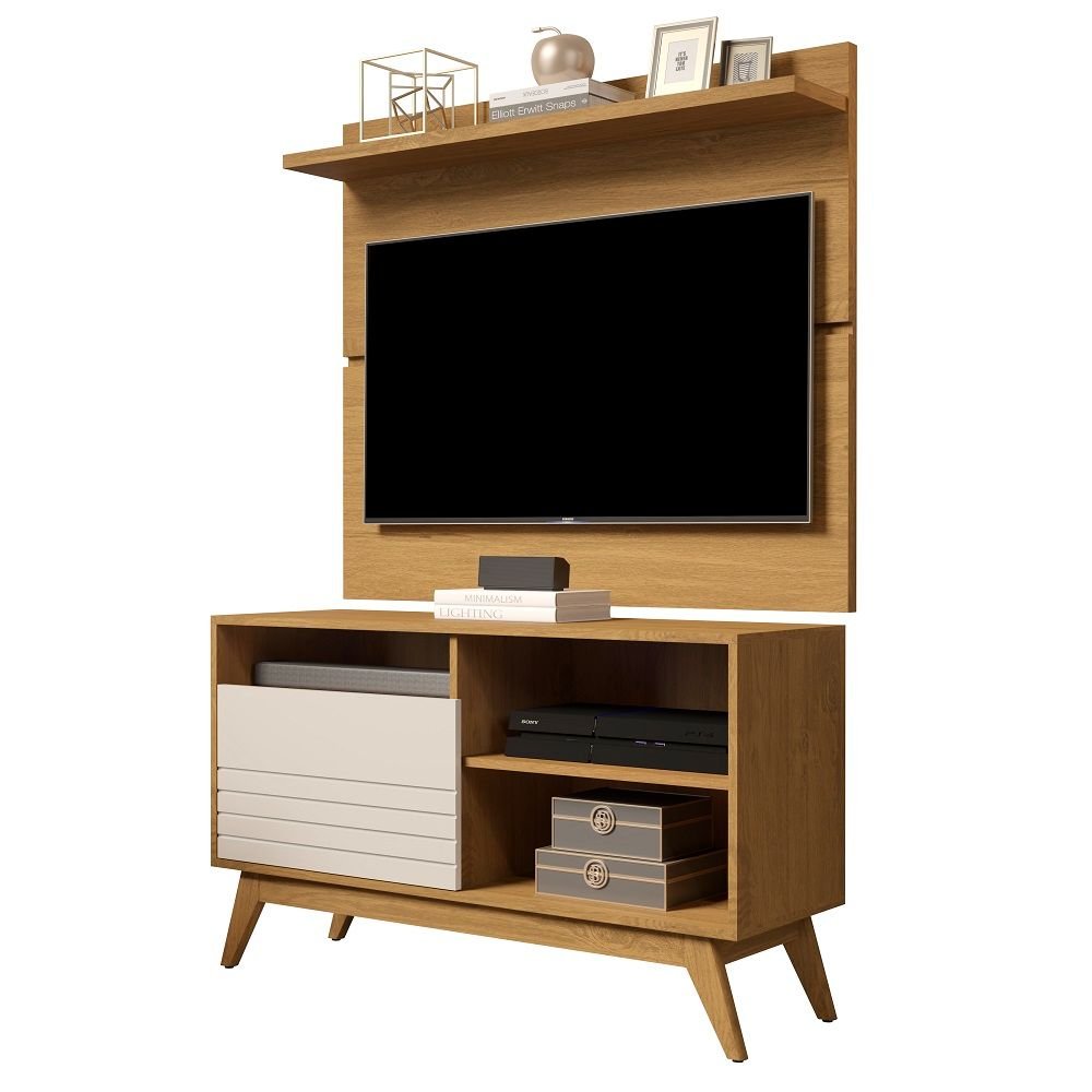 Conjunto Rack e Painel Fenix wood - Cumaru/Off white | MadeiraMadeira