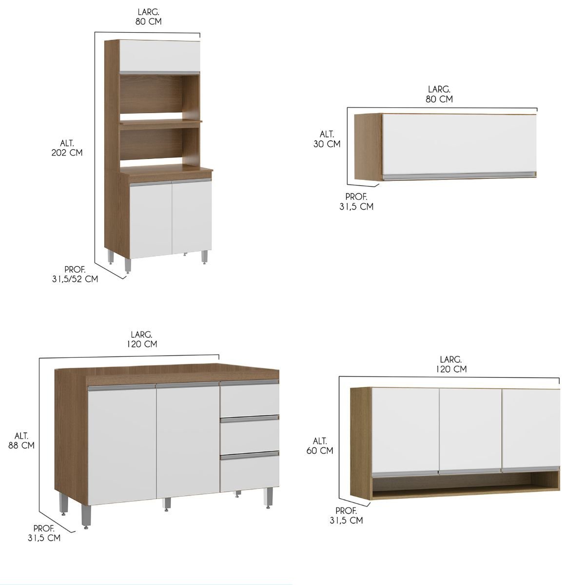 Armário de Cozinha Modulada Sabrina Branca 4 Pçs 280 Cm MDP ...
