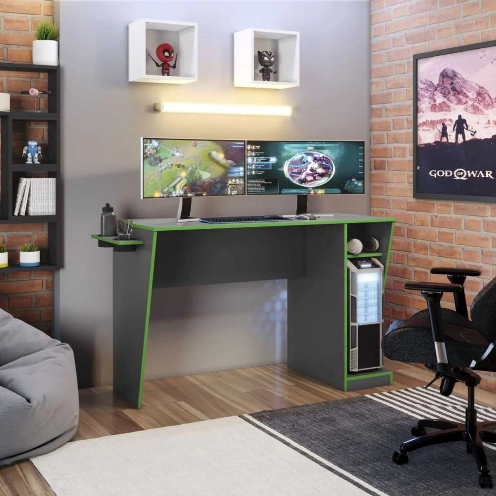 Mesa Gamer Cyber Jcm Móveis Cestaplus Grafite Verde | MadeiraMadeira