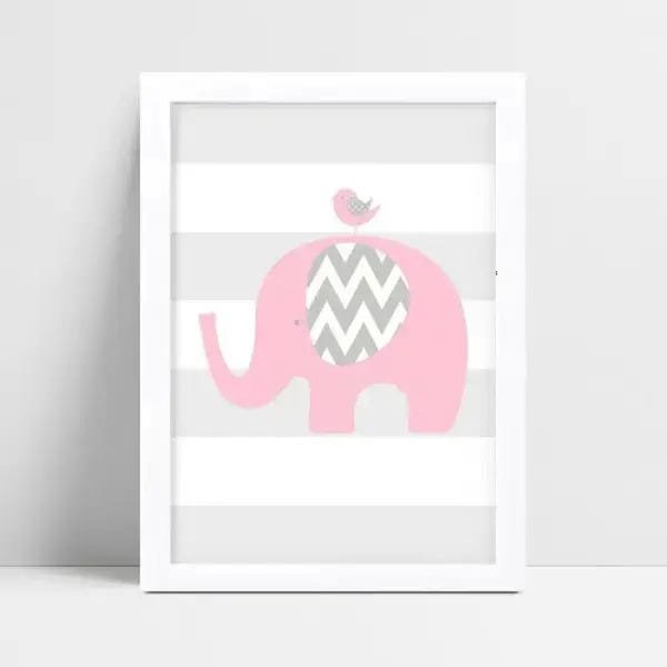 placa poster infantil elefante pássaro rosa | MadeiraMadeira