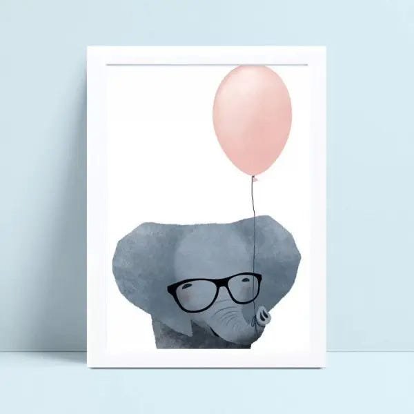 placa poster infantil elefante de óculos bexiga rosa | MadeiraMadeira