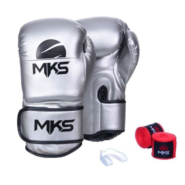 Kit Luva Boxe Energy Mks Combat Prata com Bandagem Vermelha e Bucal ...