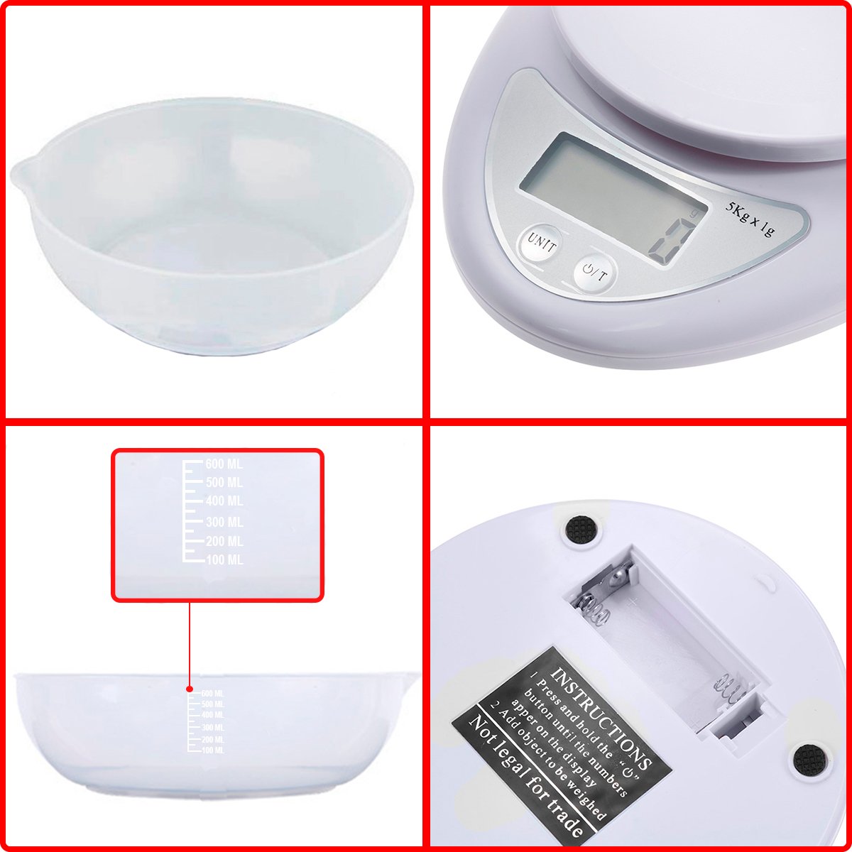 Balança De Cozinha Alimentos Digital De Precisão 1g Até 5kg Visor LCD C ...