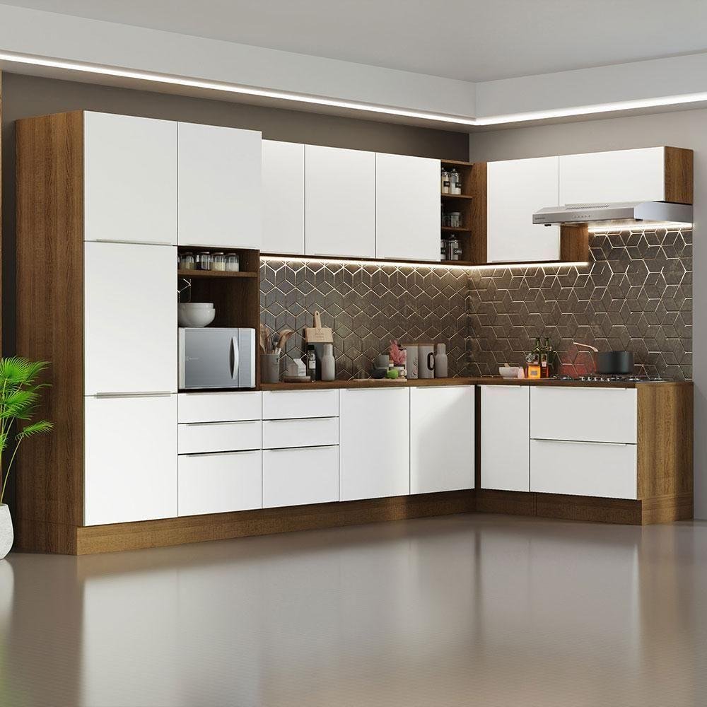Armário de Cozinha Completa de Canto 546cm Rustic Branco | MadeiraMadeira