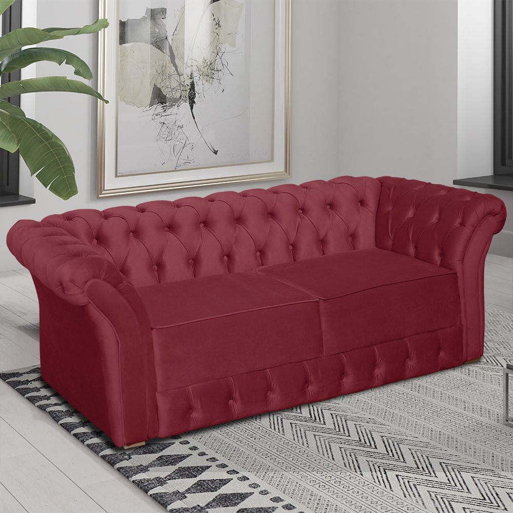 SOFA CHESTERFIELD 2 LUGARES VELUDO VERMELHO COM 185CM DE COMPRIMENTO | MadeiraMadeira
