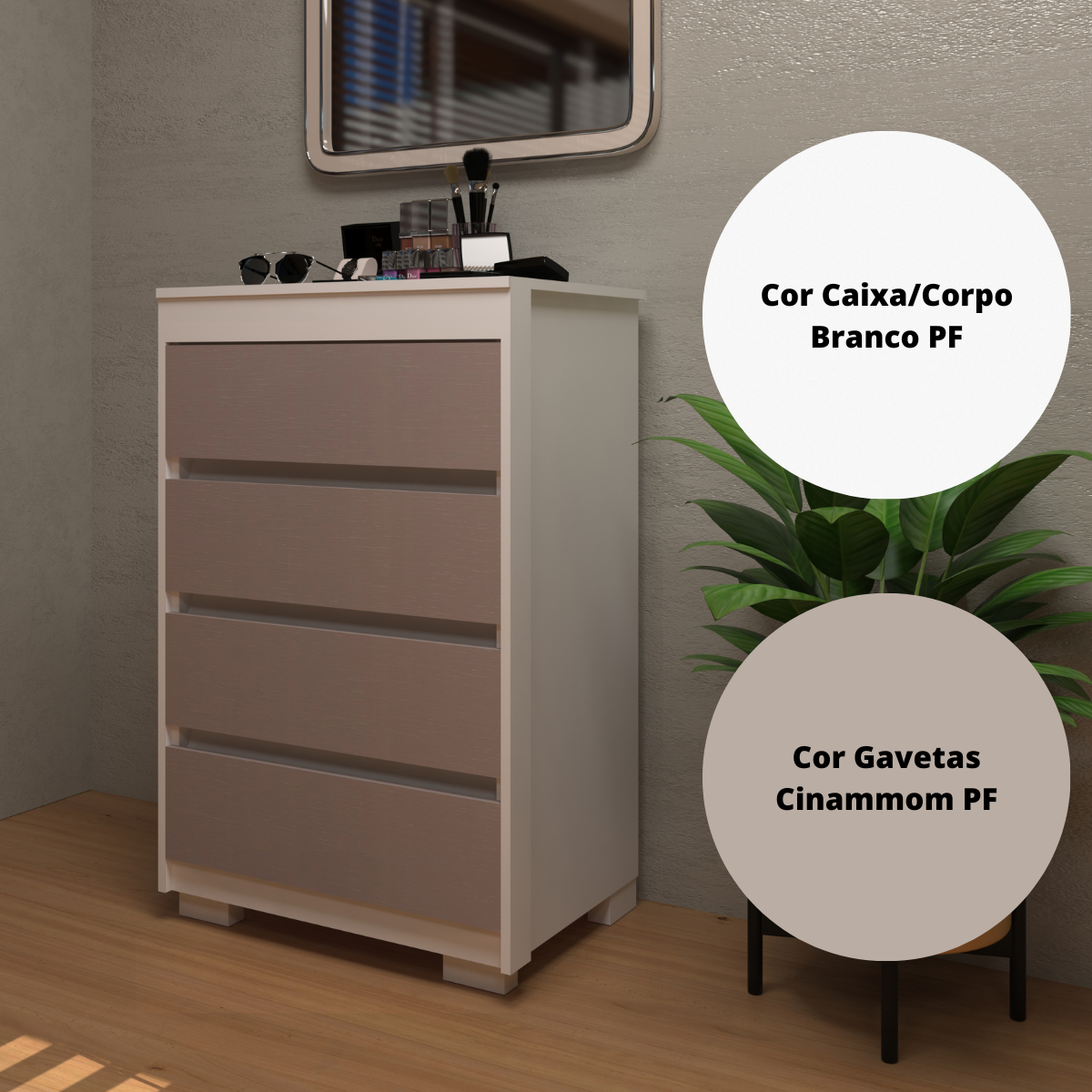 Comoda Uni 4 Gavetas - Luciane Móveis Branco/Cinammom | MadeiraMadeira