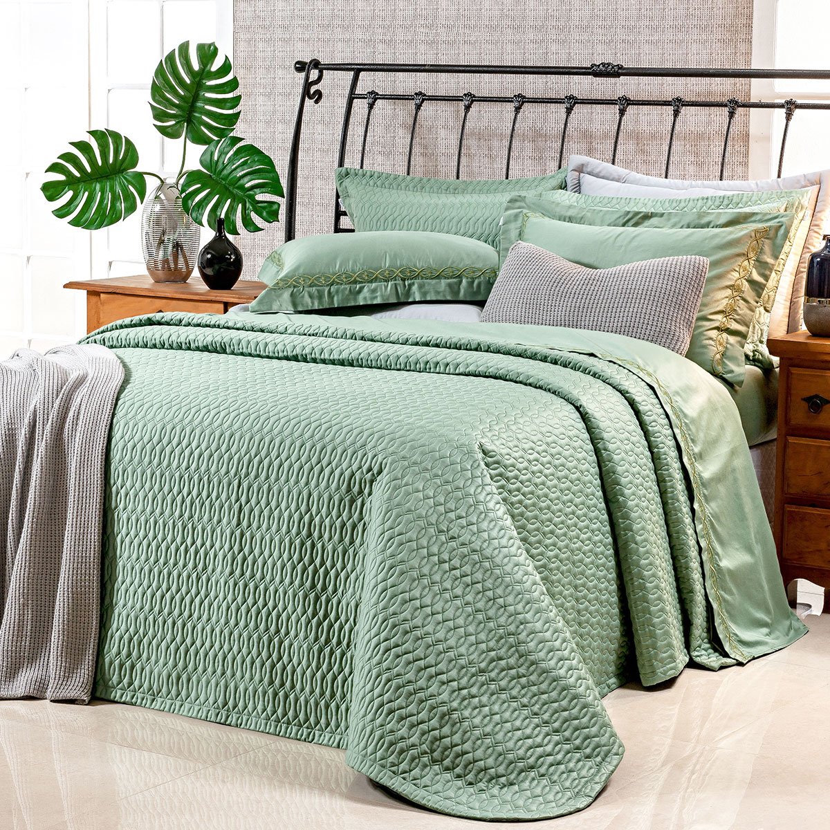 Jogo Colcha Super King 400 Fios Egípcio 100% Algodão Verde + Jogo de ...