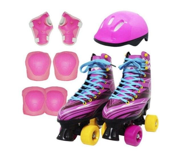 Patins Quad 4 Rodas Clássico Retro Infantil Com Kit Proteção Tamanho ...