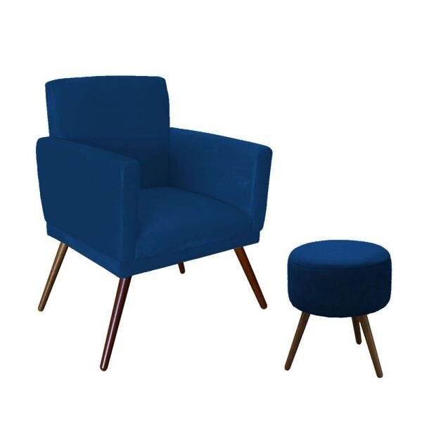 Kit Poltrona Decorativa Nina com Puff Redondo Pés Madeira Suede Azul ...