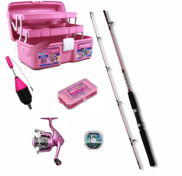 Kit Pesca Rosa Feminino Molinete Vara Maleta Boia Anzol | MadeiraMadeira