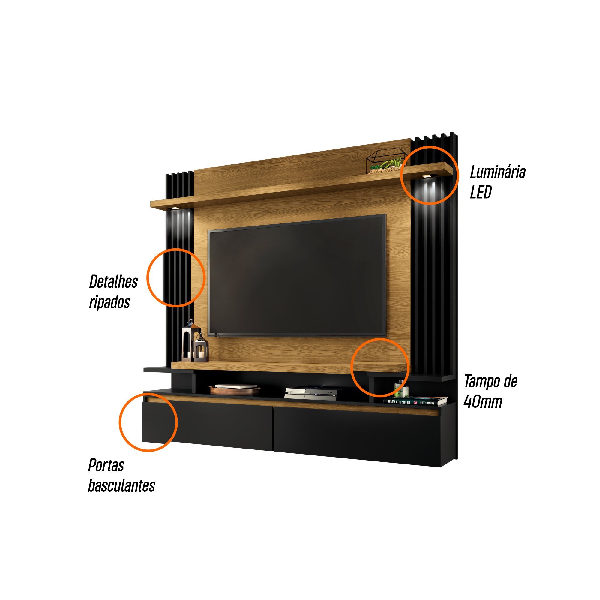 Painel Suspenso 1,80m Cosmo com Led para TV 55" Cor Carvalho e Preto HB ...