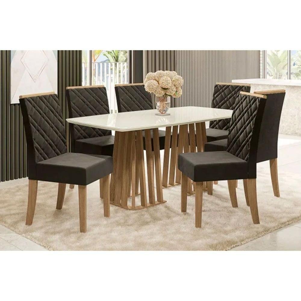 Sala de Jantar Completa Alteia Tampo Madeirado C- Vidro 90x170cm e 6 ...