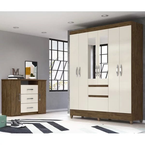 Guarda-Roupa New Cuba com Espelho e Cômoda Prisma Castanho Wood ...