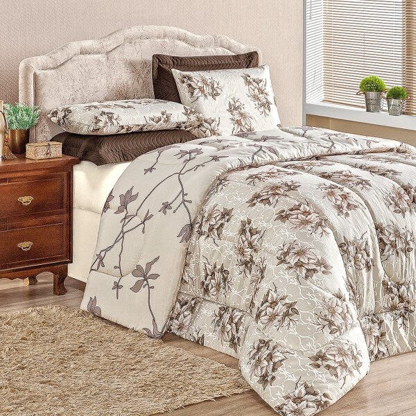 Edredom Casal Queen Dupla Face Margarida Bege | MadeiraMadeira