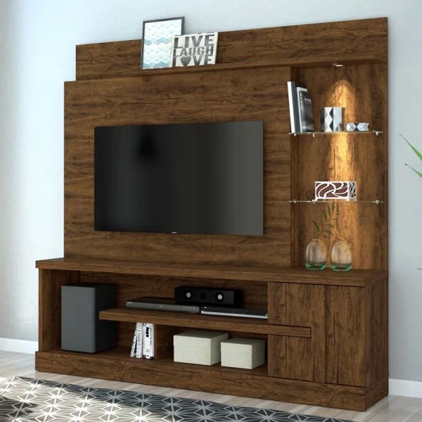 Home Theater Estante Alan com Prateleiras de Vidro e Luminária LED para TV de até 55 Polegadas ...