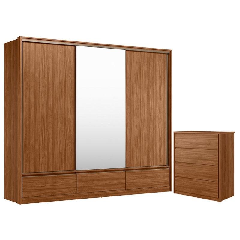 Cômoda Atria 4 Gavetas e Guarda Roupa Casal Lounge 3 Portas Nogueira ...