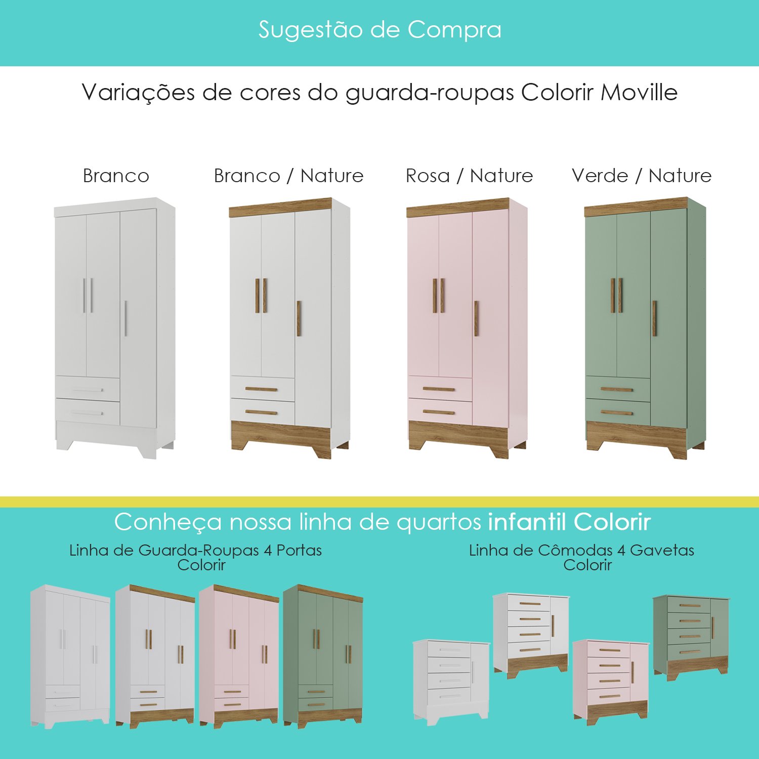 Guarda-roupa Infantil 3 Portas 2 Gavetas Colorir | MadeiraMadeira