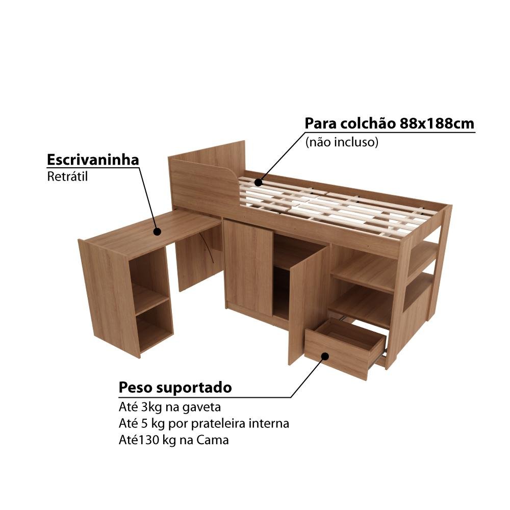 Cama Multifuncional com Armário e Escrivaninha - Amêndoa | MadeiraMadeira