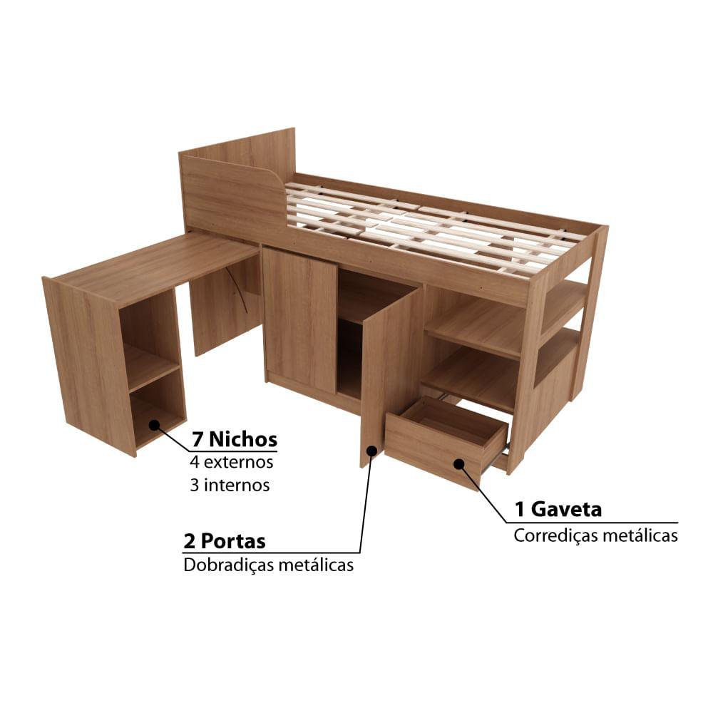Cama Multifuncional com Armário e Escrivaninha - Amêndoa | MadeiraMadeira