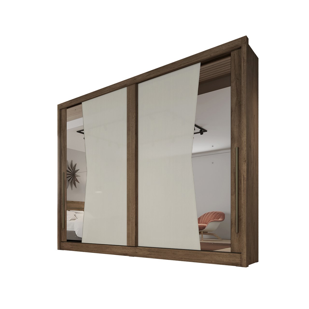 Guarda Roupa Casal com Espelho, 2 Portas de Correr e 4 Gavetas Geom ...