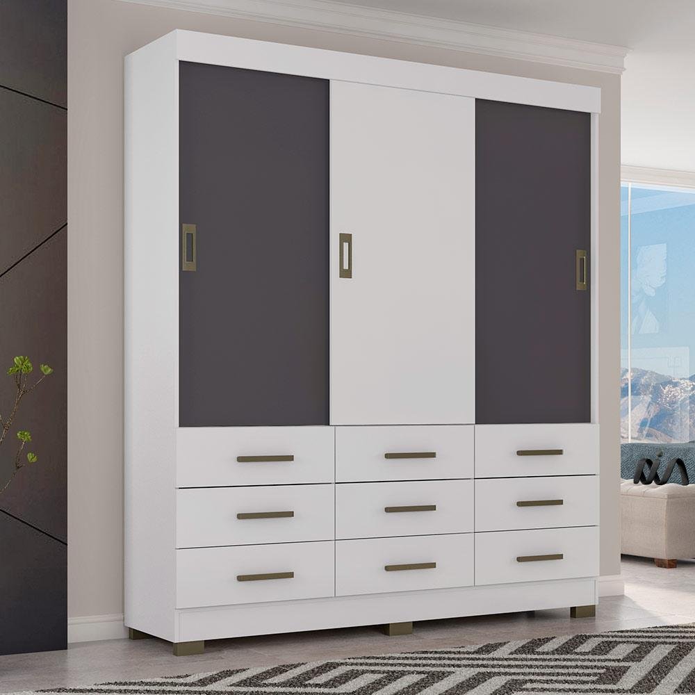 Roupeiro Casal 3 Portas De Correr 9 Gavetas Branco Carbono 2239-50 ...