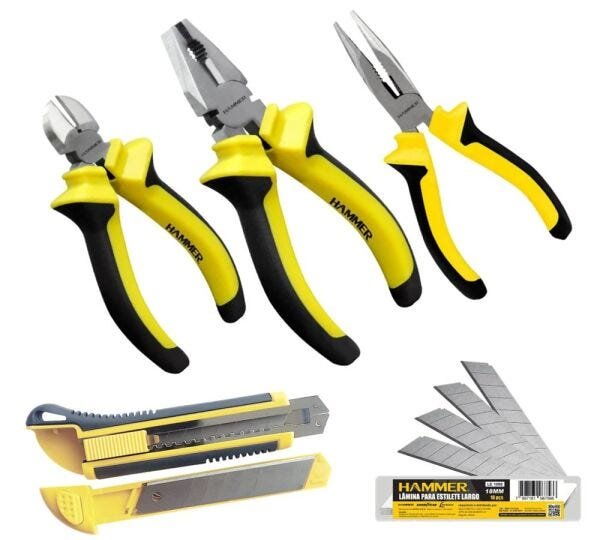 Jogo Kit Alicates Universal Bico Corte + Estilete com 10 Laminas Hammer ...