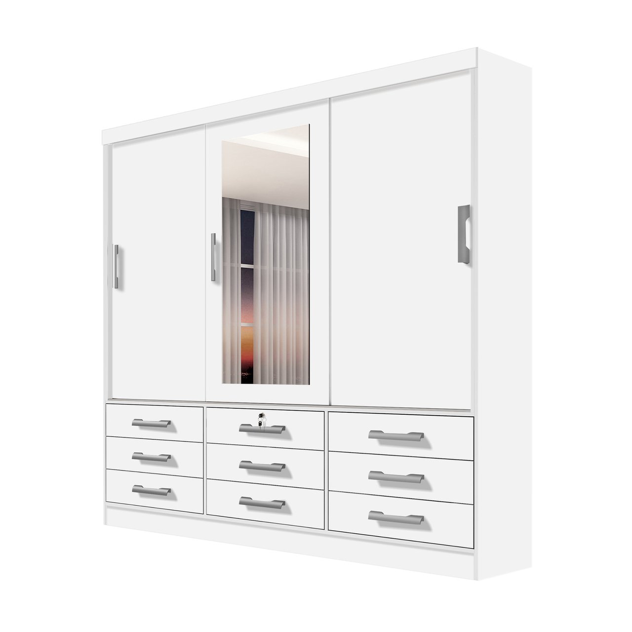 Roupeiro Meridian Plus com 01 Espelho, 03 Portas de Correr e 09 Gavetas ...