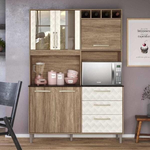 Kit Cozinha Maui 140 com 2 Portas de Vidro - Carvalho/Off White ...